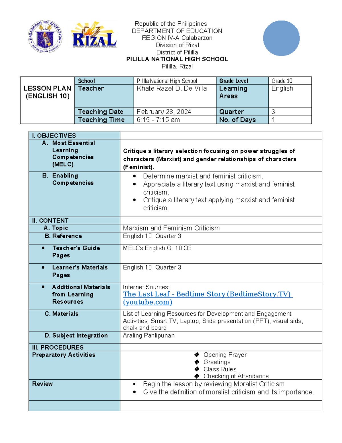 English 10 Lesson Plan: Feminist & Marxist Criticism (Q3 2024) - Studocu