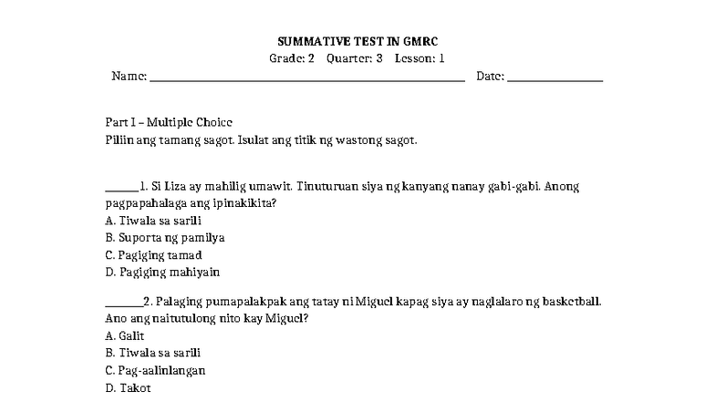 SUMMATIVE TEST GMRC GRADE 2 Q3 W1 - MULTIPLE CHOICE - Studocu