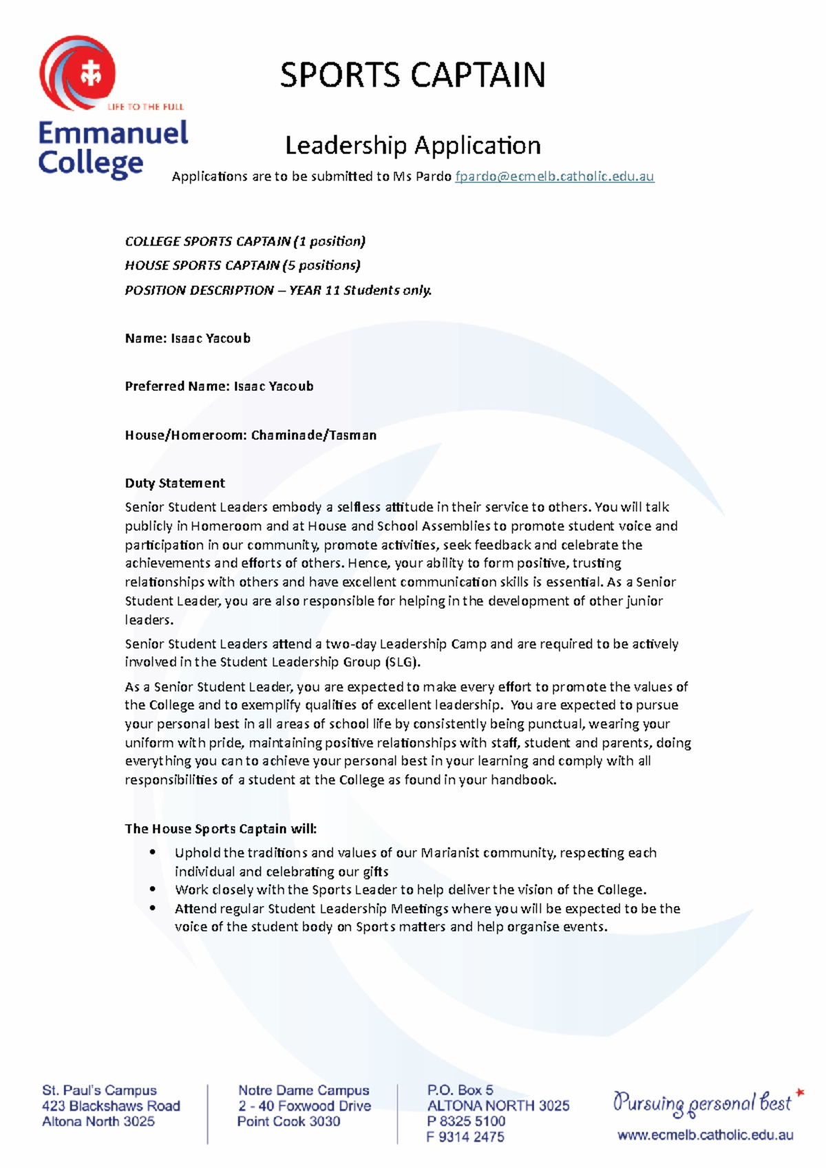 Sports Captain Leadership Application - SPC 2023 - Studocu