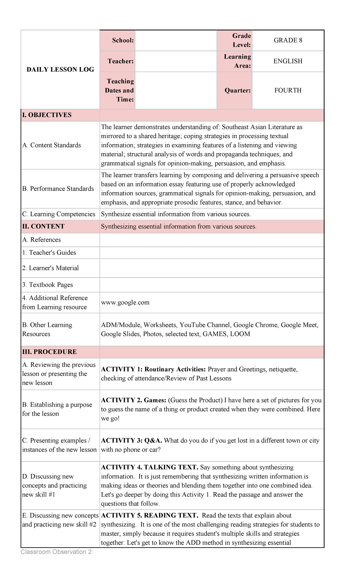 Lesson Plan for Synthesizing Information - Grade 8 English - Studocu