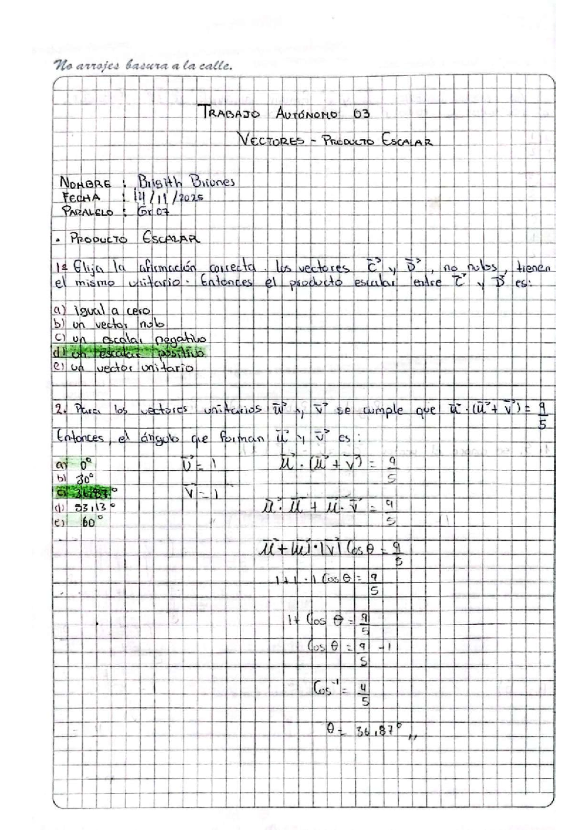 Trabajo Autónomo 03: Vectores y Producto Escalar - Gr 07 - Studocu