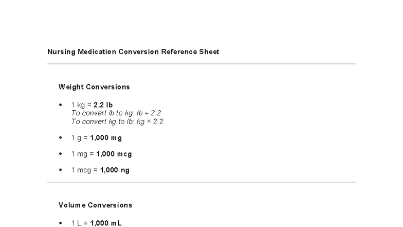 Nursing Medication Conversion Reference Sheet: Weight & Volume - Studocu