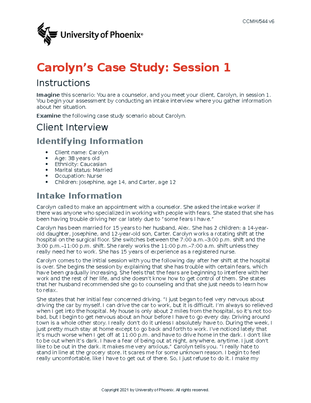 CCMH/544 v6 Week 2: Carolyn's Case Study Assessment Overview - Studocu
