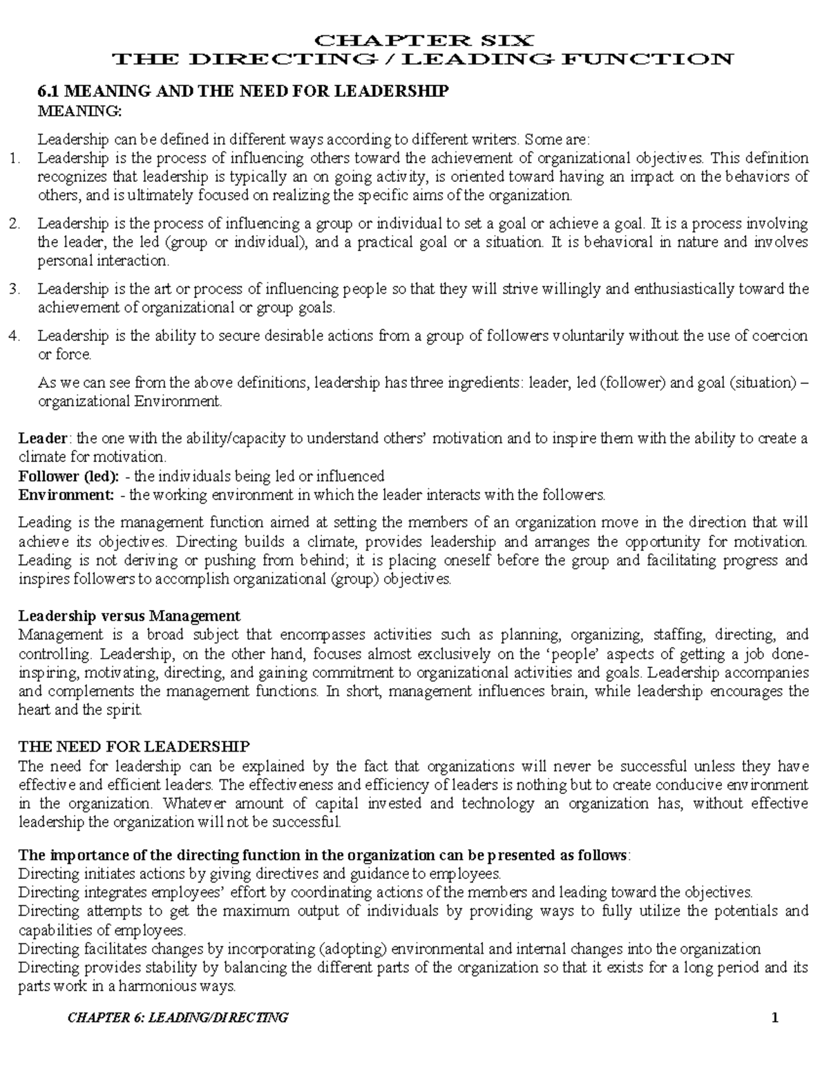 CHAPTER 6: THE DIRECTING FUNCTION AND LEADERSHIP IN ORGANIZATIONS - Studocu