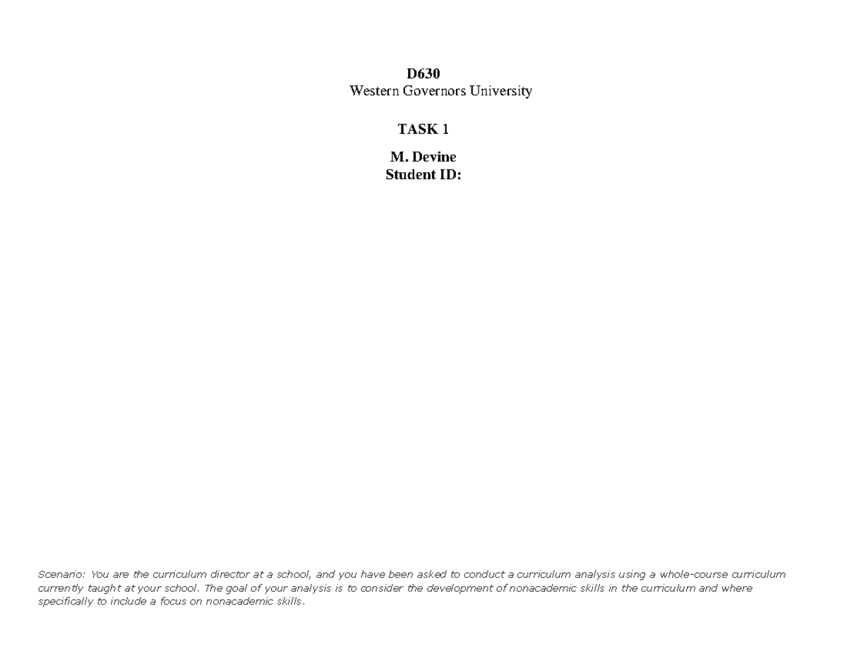 D630 TASK 1 Curriculum Analysis Moya Devine - D Western Governors University TASK 1 M. Devine ...