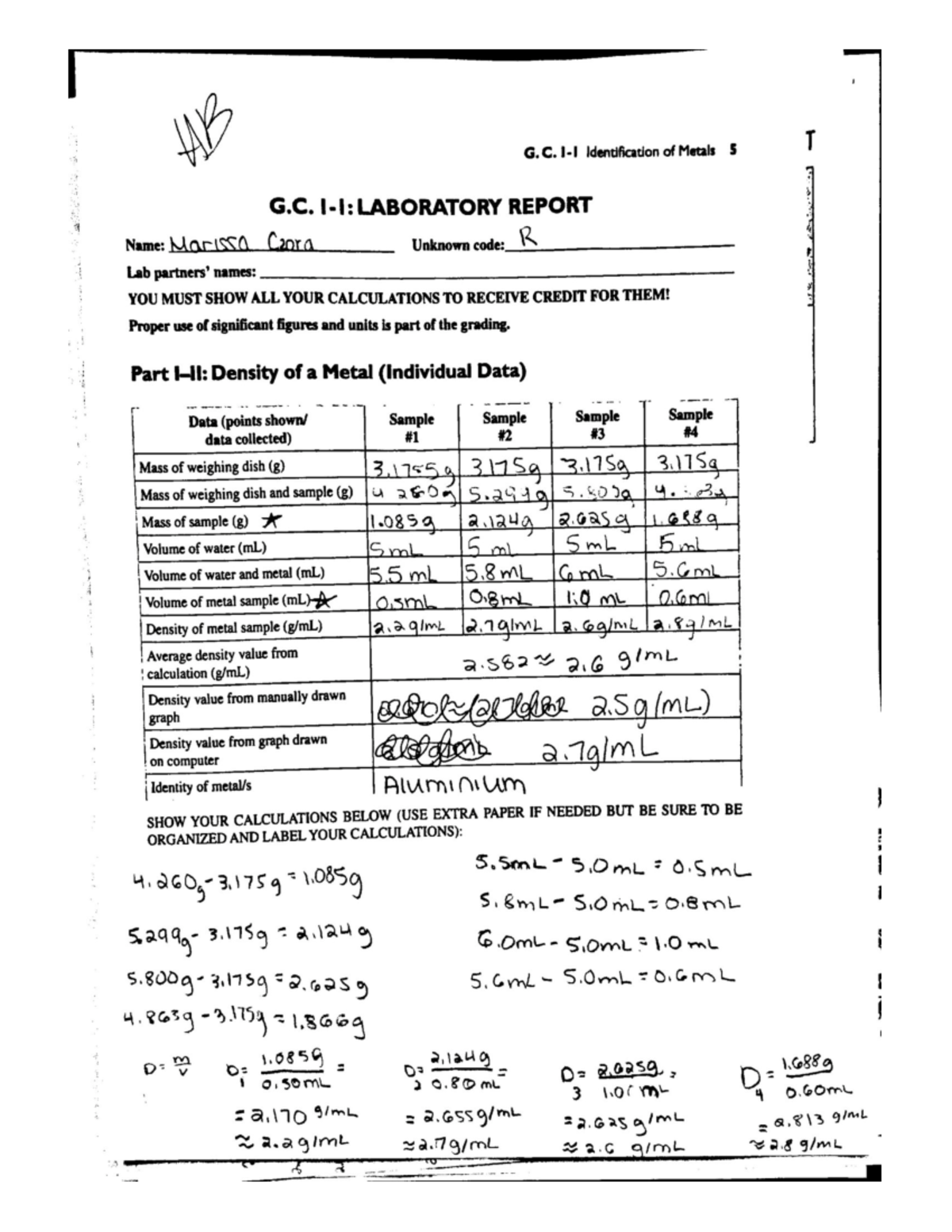 G.C. I-I Laboratory Report - HB G. Identification of Metals 5 G ...
