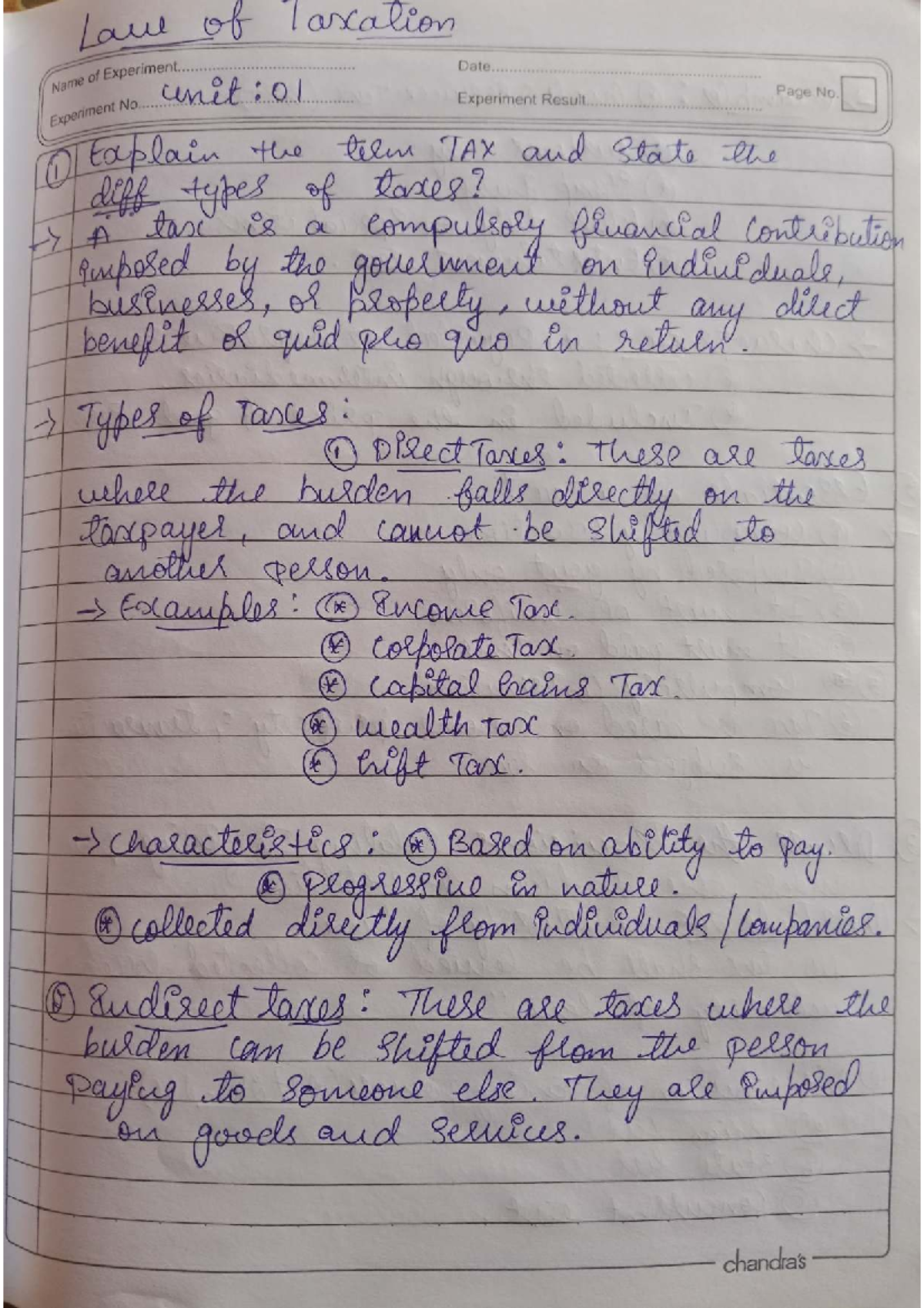 Law of Taxation: Comprehensive Notes for Unit 01 (Experiment No. 01 ...