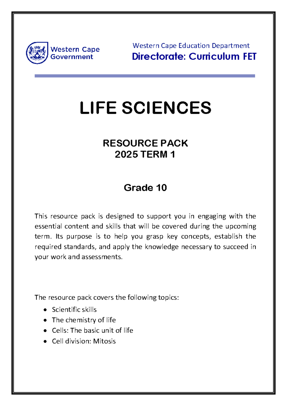 Grade 10 Life Sciences Term 1 Resource Pack 2025: Key Concepts & Skills - Studocu