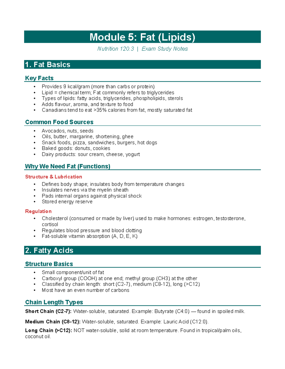 Mod 5: Lipid Nutrition 120.3 Exam Study Notes on Fats and Functions ...