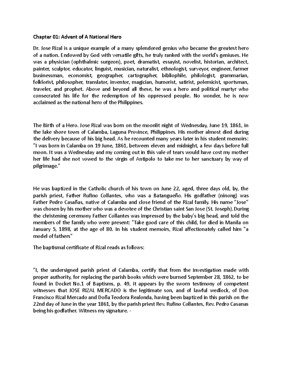 Chapter 01: The Birth and Legacy of Dr. Jose Rizal (HIST-101) - Studocu