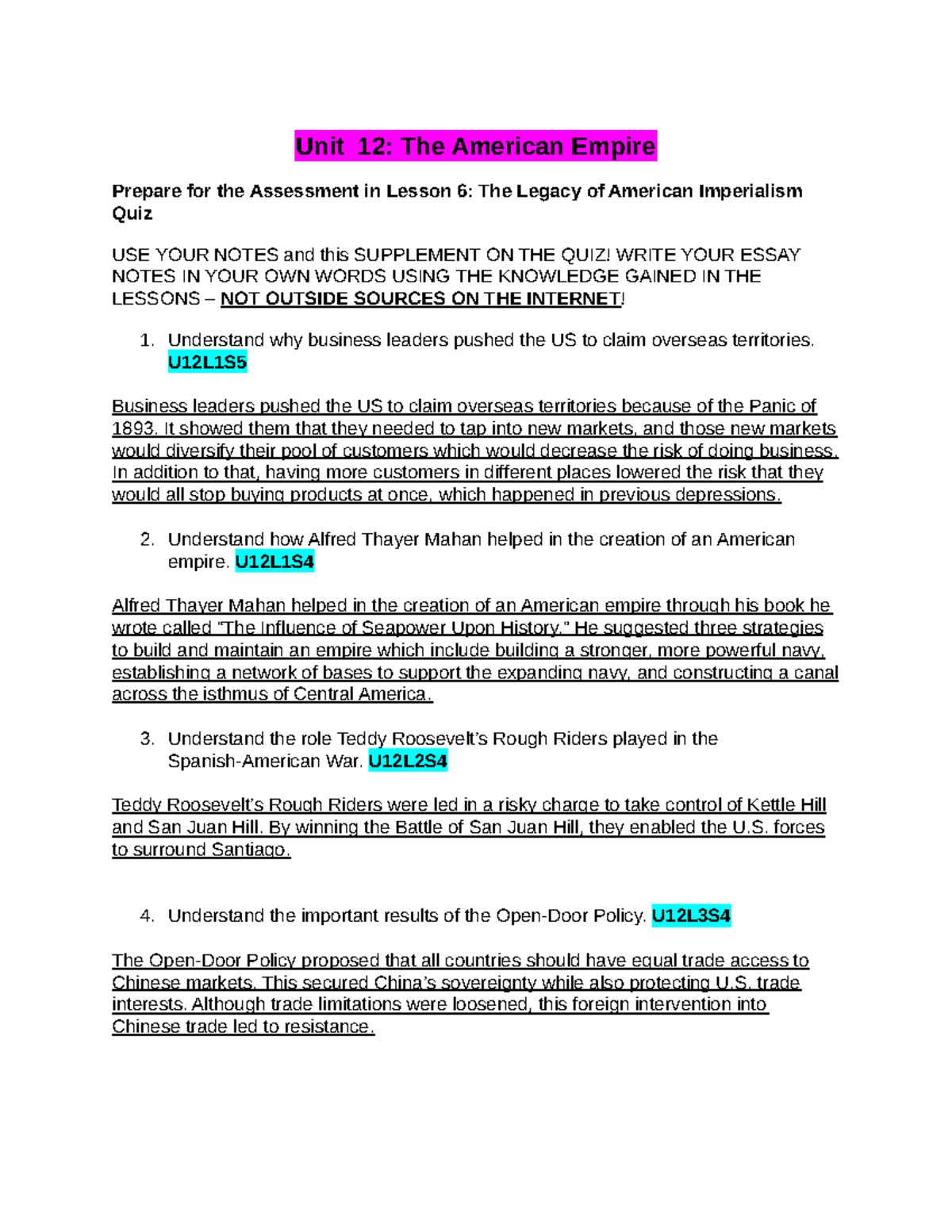 US History 11 - Unit 12 American Empire Quiz Prep Guide - Studocu