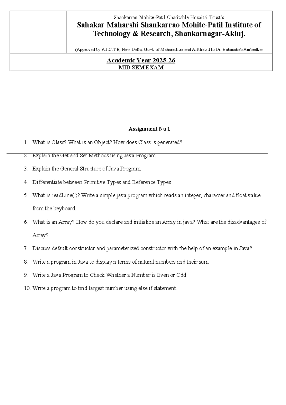 S.Y. Computer Science Engineering MID SEM EXAM Assignment 1: OOP Concepts - Studocu