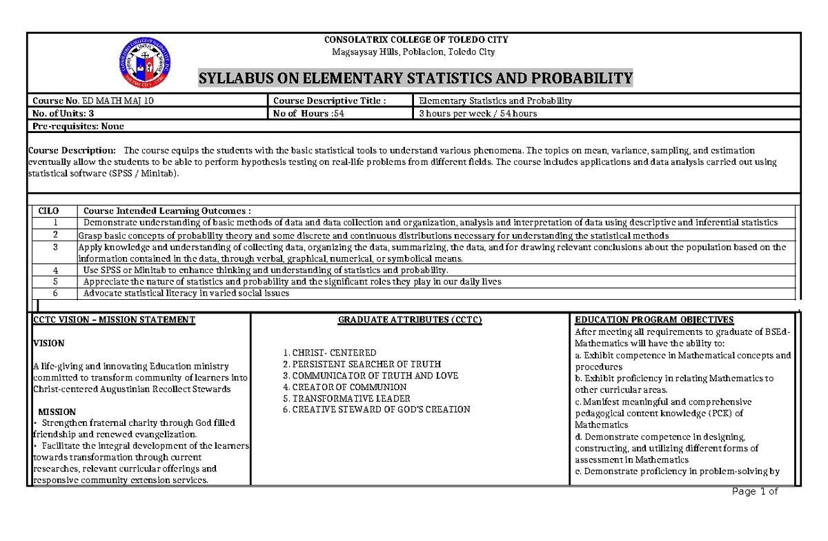 ED MATH MAJ 10 Syllabus: Elementary Statistics & Probability Course ...