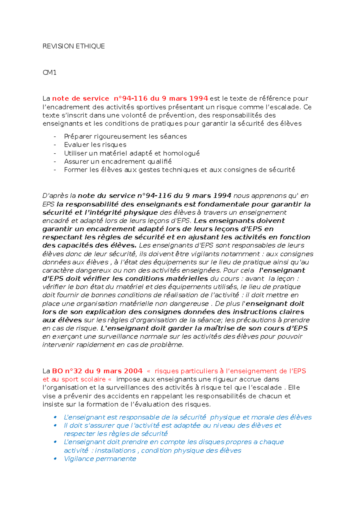 Révision Éthique CM1 : Sécurité et Responsabilités en EPS - Studocu