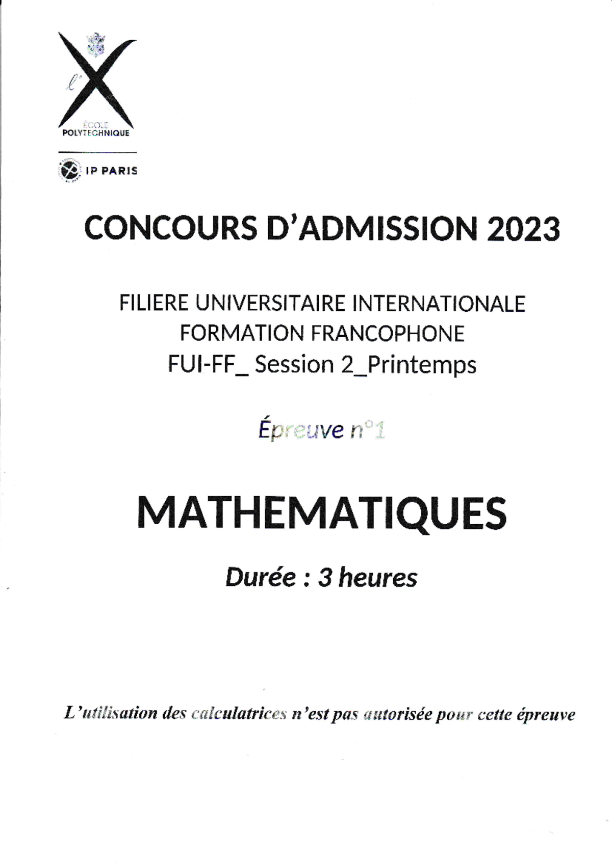 Sujets de concours FU I-FF Session 2 Printemps 2023: Mathématiques et ...
