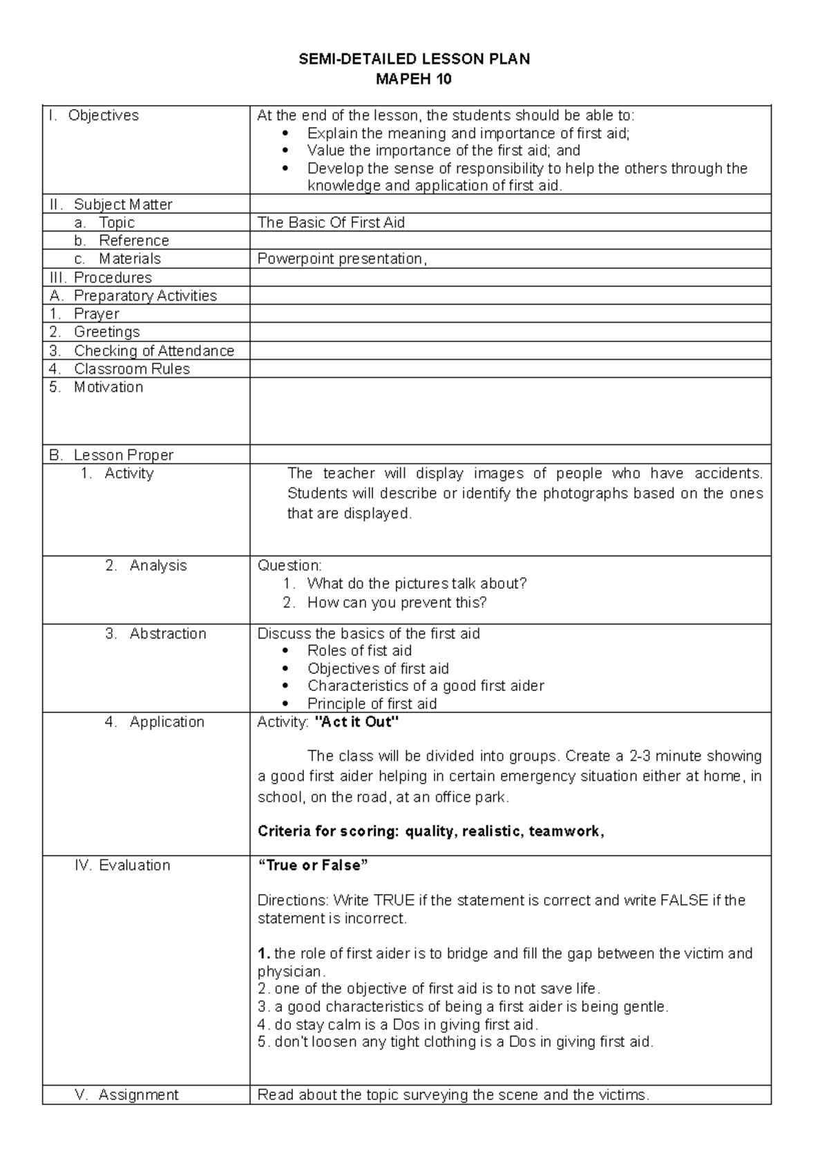 LP-MAPEH10 Lesson Plan: Understanding First Aid Basics - Studocu