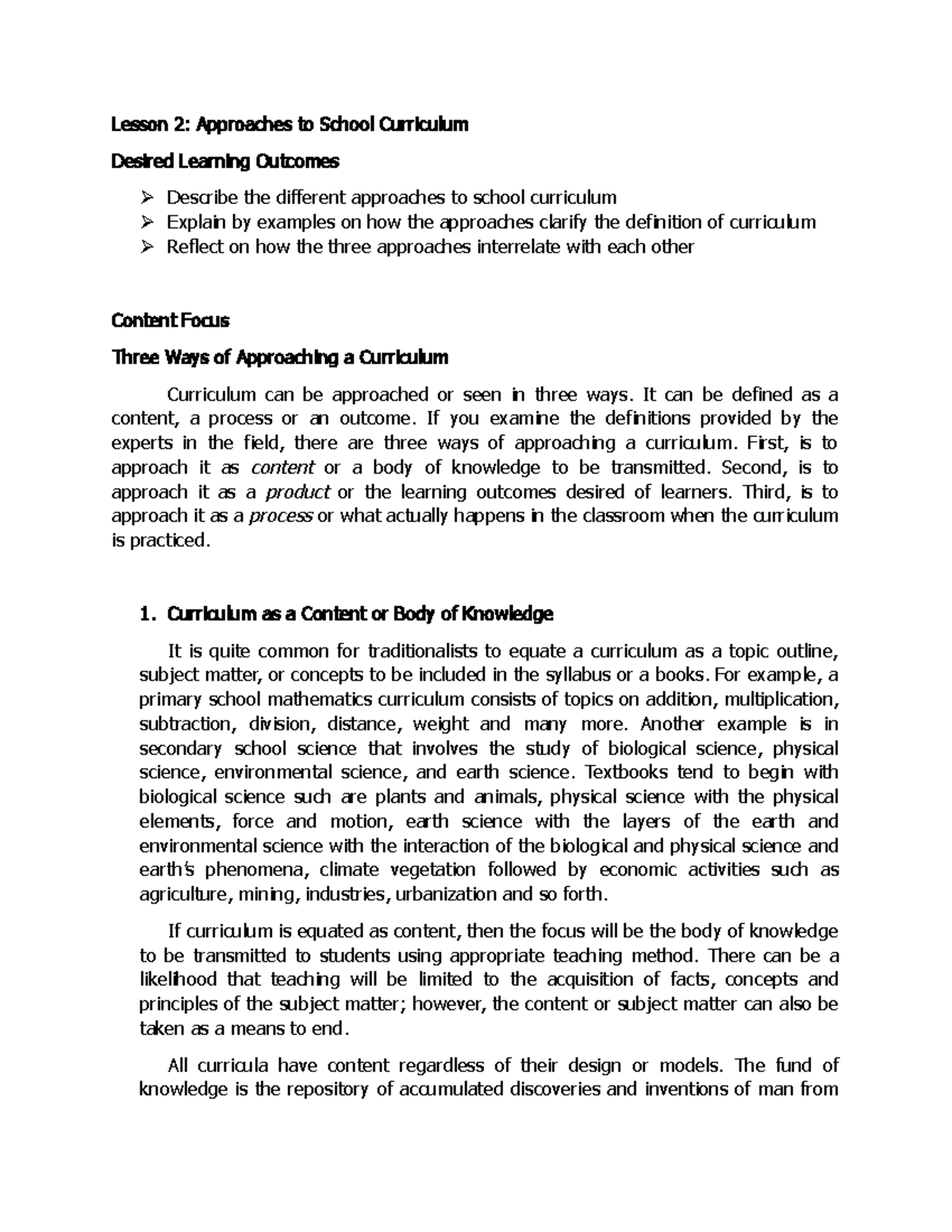 Lesson 2- Approaches to School Curriculum - Lesson 2 : Approaches to School Curriculum Desired ...