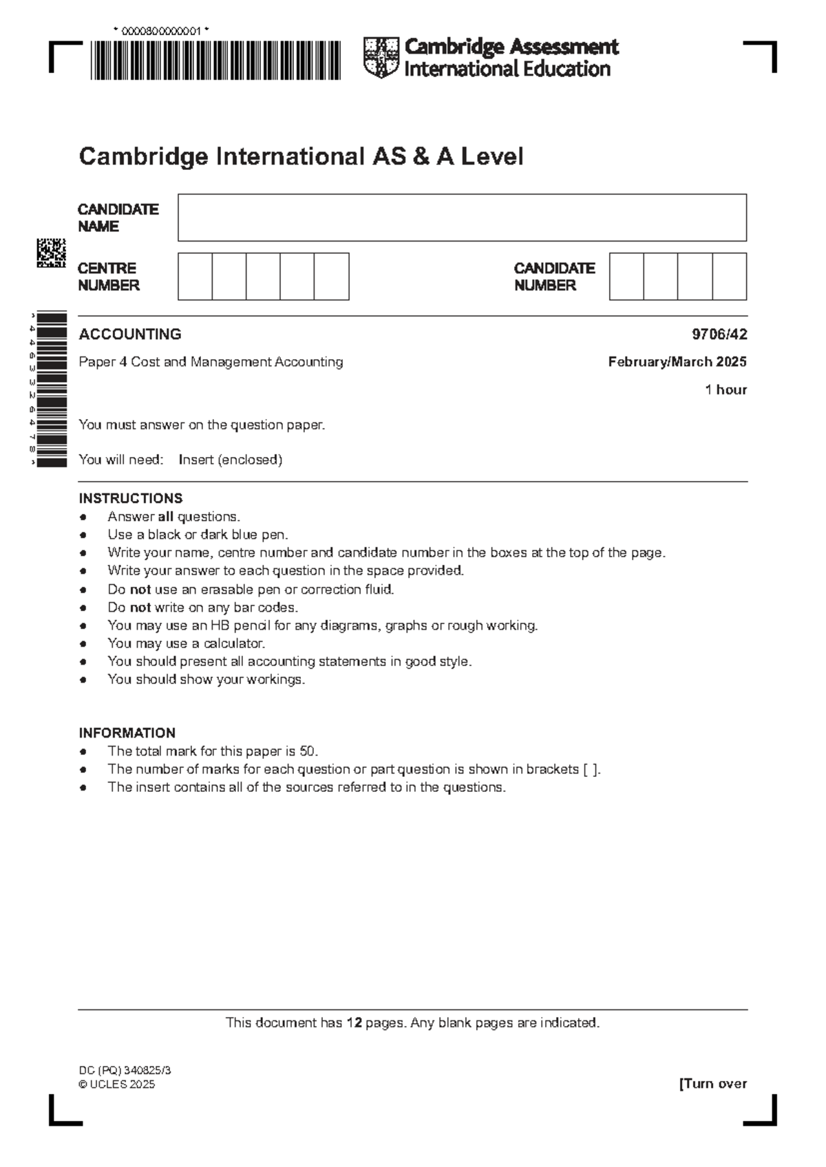 Cambridge International AS A Level 9706/42 Accounting Paper 4: Cost ...
