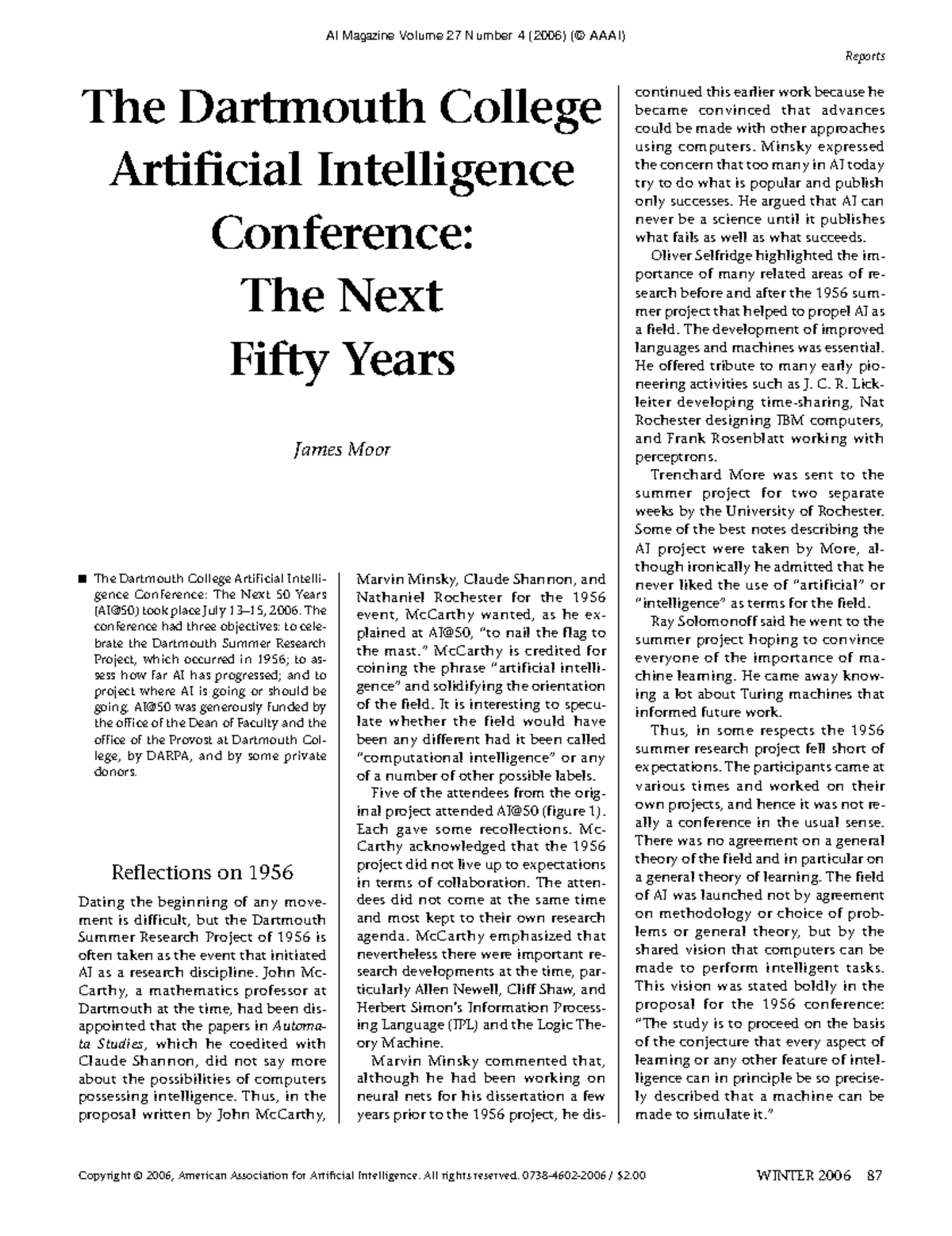 AI@50: Reflecting on the 1956 Dartmouth Conference and Its Future - Studocu