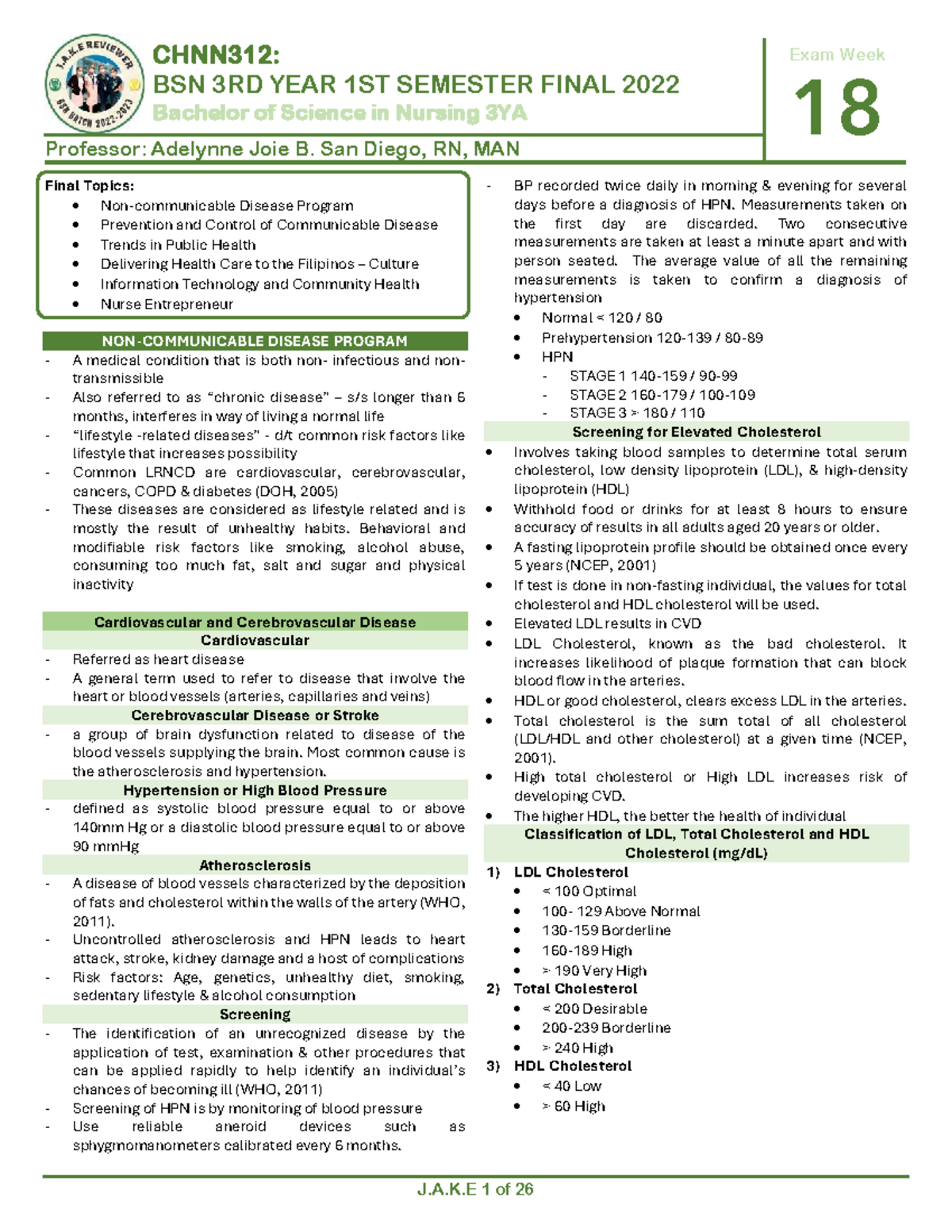 CHNN312: BSN 3RD YEAR 1ST SEMESTER FINAL EXAM 2022 - Disease Prevention and - Studocu