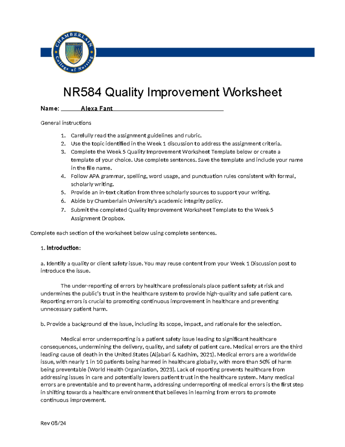 NR584 Week 5 Quality Improvement Worksheet by Alexa Fant - Studocu