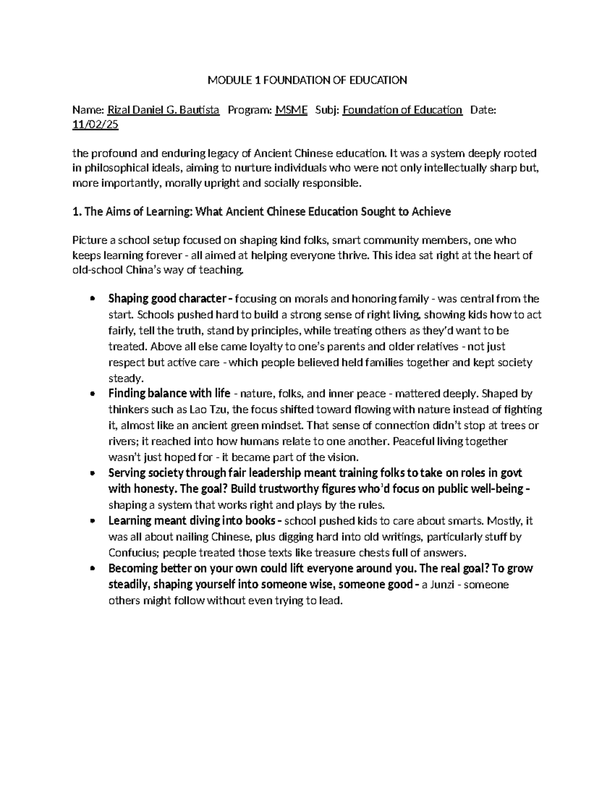 MODULE 1: Foundations of Ancient Chinese Education - MSME - Studocu