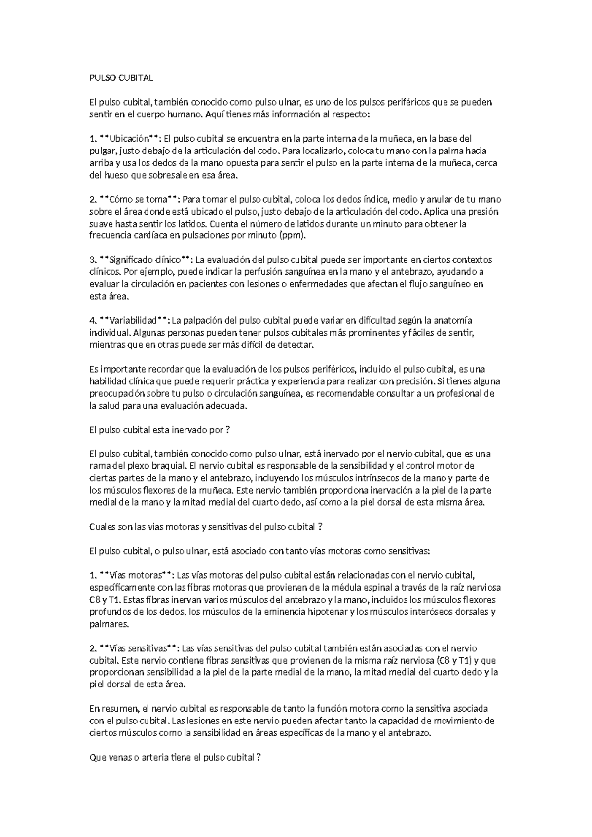 Pulso Cubital: Notas de Estudio sobre Anatomía y Clínica - Studocu