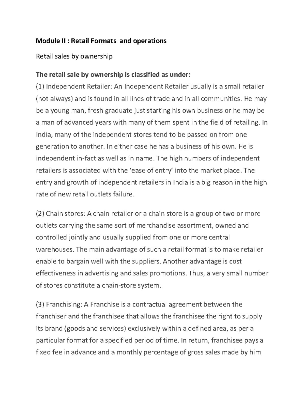 Module II: Retail Formats & Operations - Study Notes - Studocu