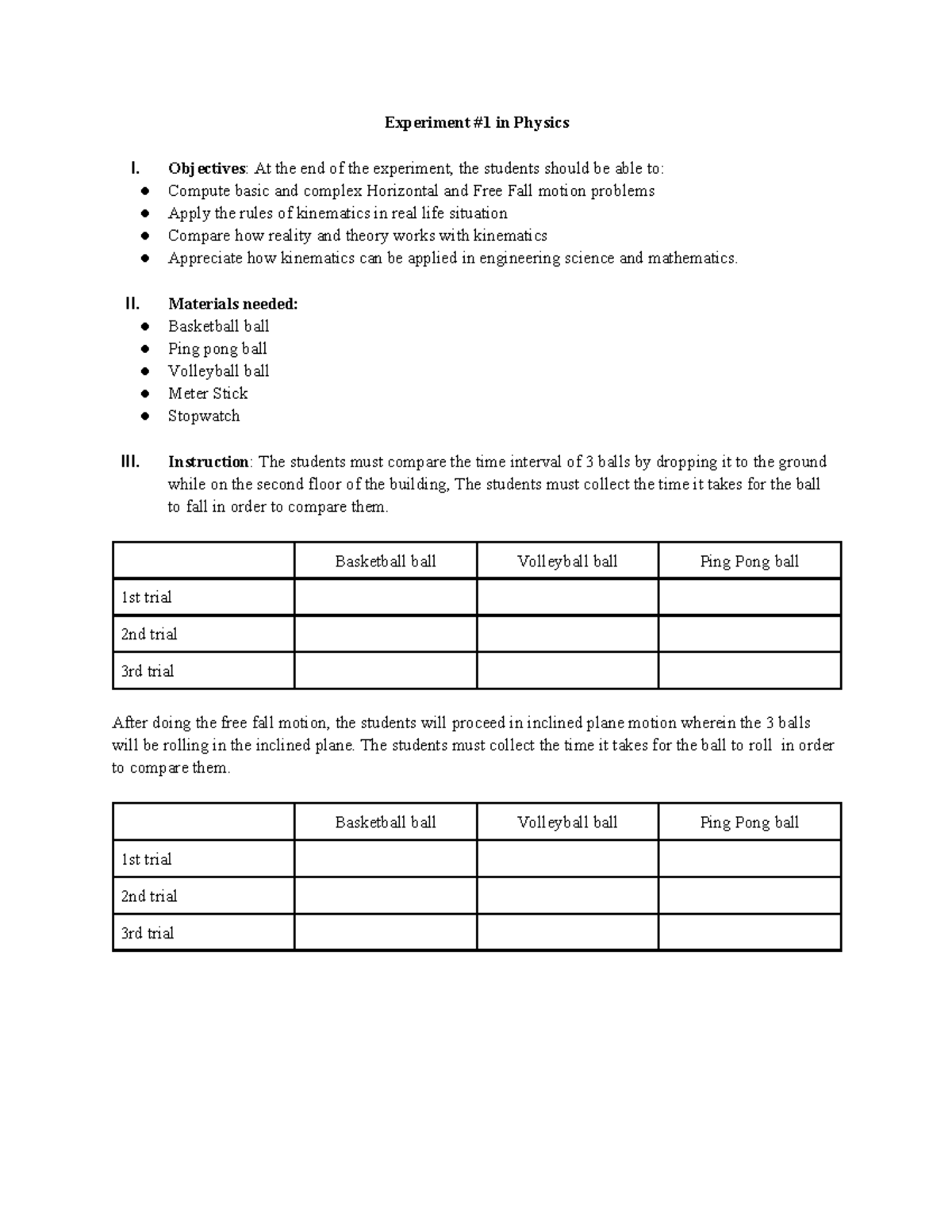 Experiment 1: Kinematics in Physics I - Free Fall & Inclined Plane ...