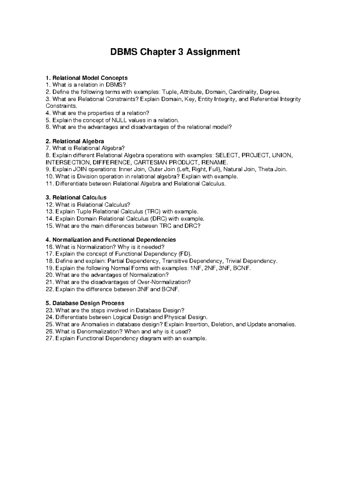 DBMS Chapter 3 Assignment: Relational Model & Algebra Concepts - Studocu