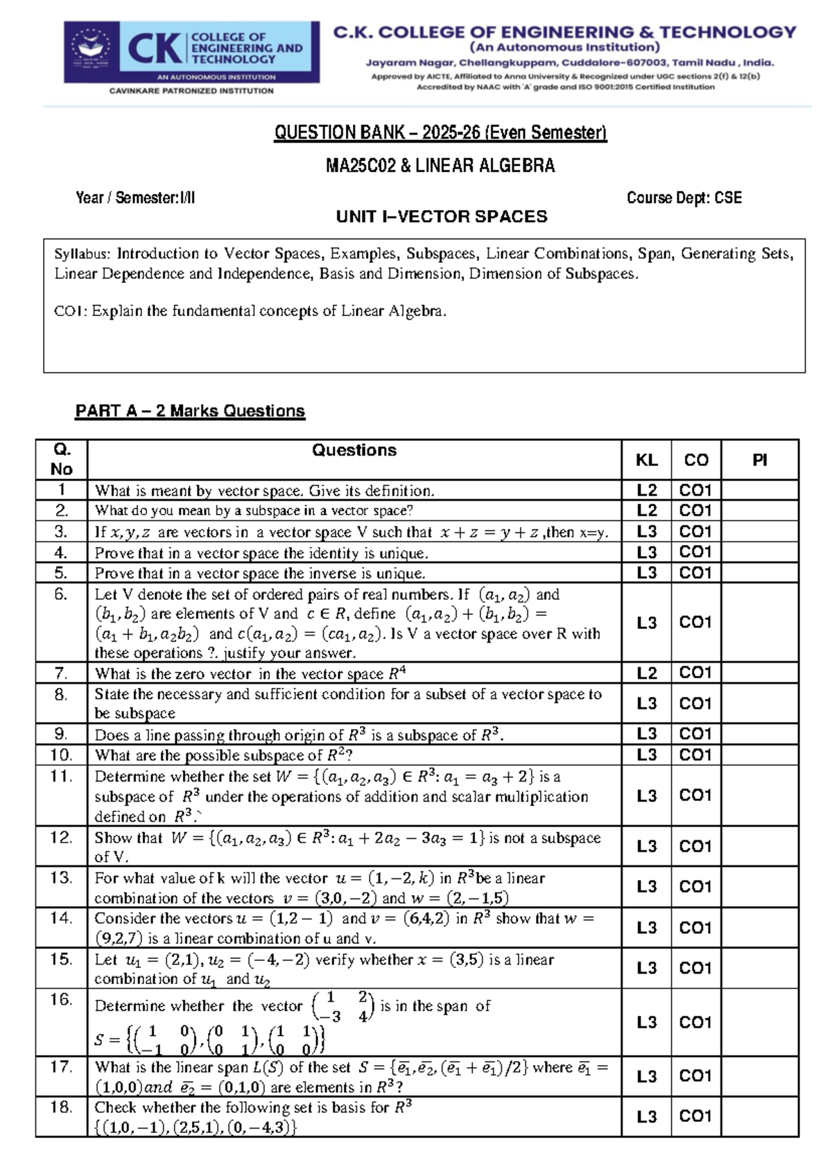 QUESTION BANK (Even Semester) MA25C02 LINEAR ALGEBRA - CSE Unit Spaces ...