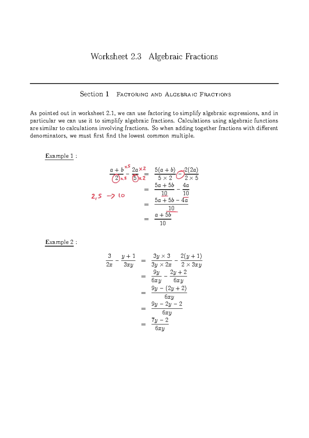 Algebraic Fractions Worksheet 2.3: Factoring & Simplification ...