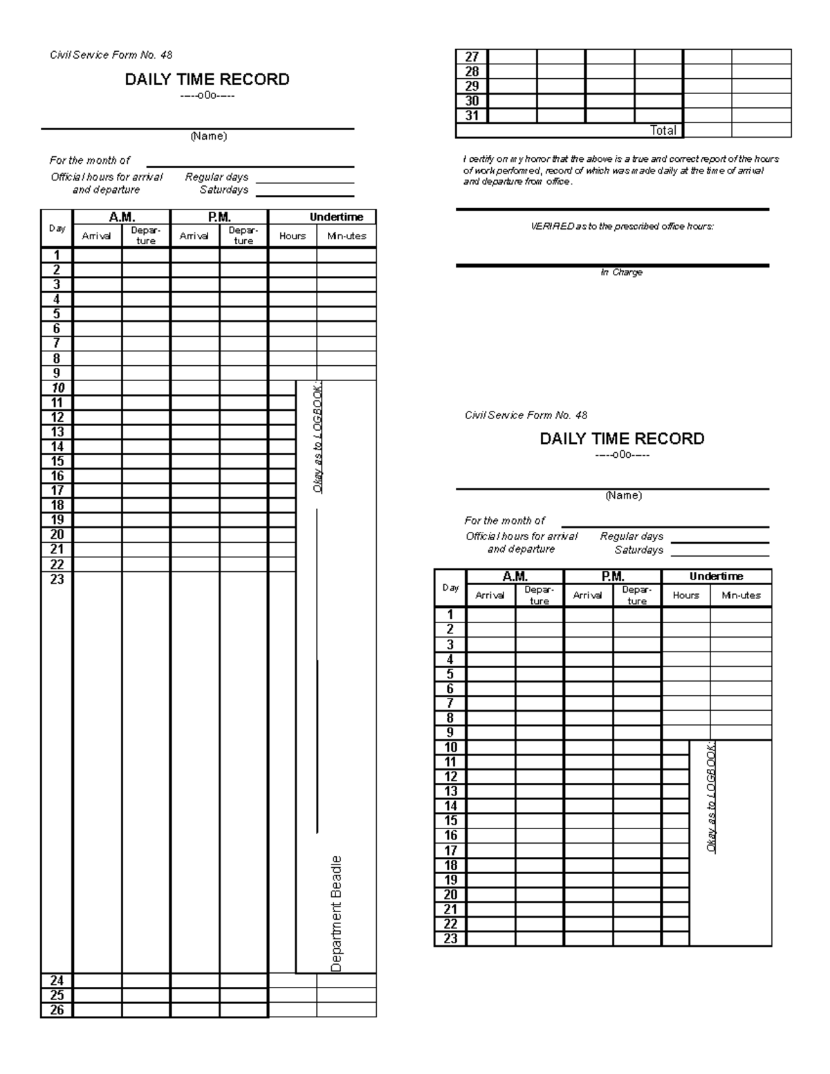Appendix 24 Daily Time Record DTR - Civil Service Form No. 48 DAILY ...