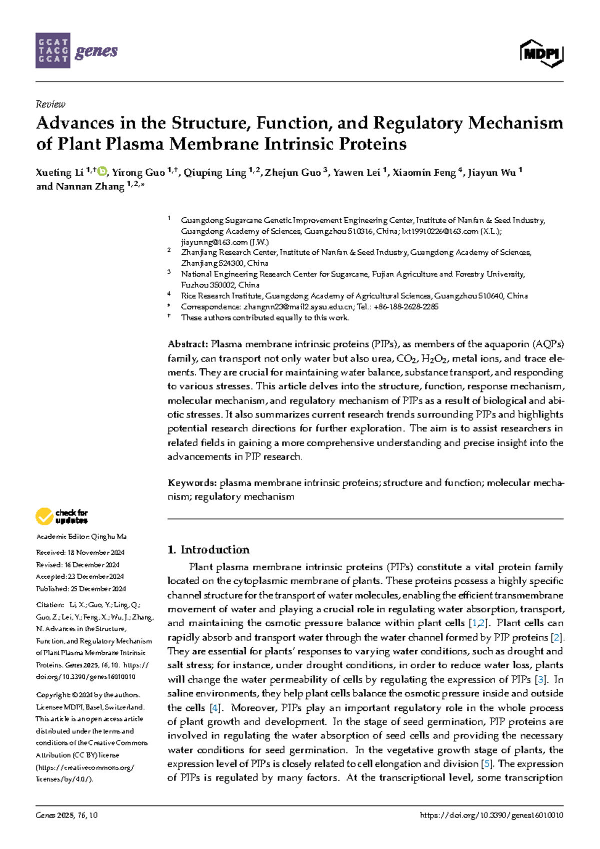 Advances in Structure, Function, and Regulation of Plant PIPs (Genes ...