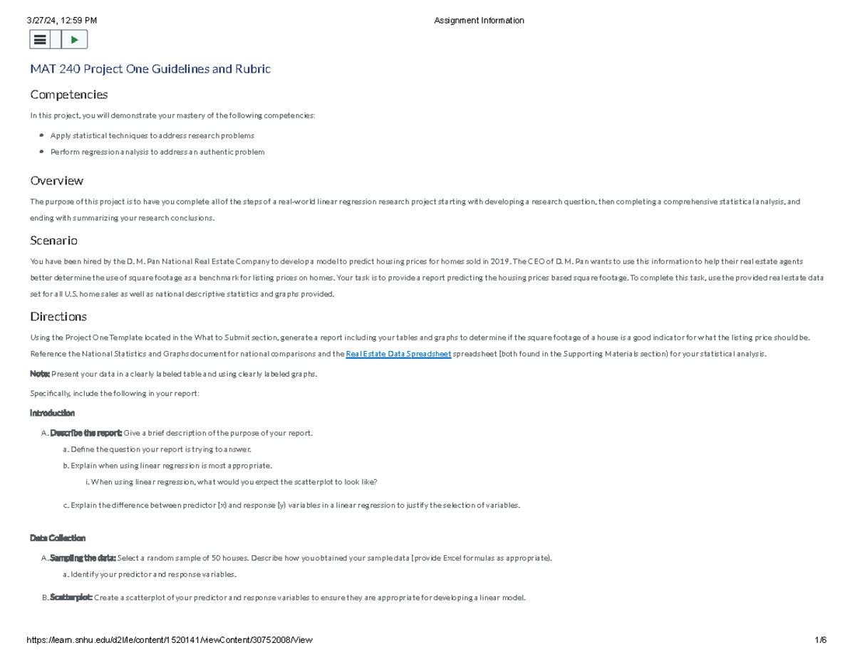 Project One Guidelines & Rubric - MAT-240-R4021 Applied Stats - Studocu