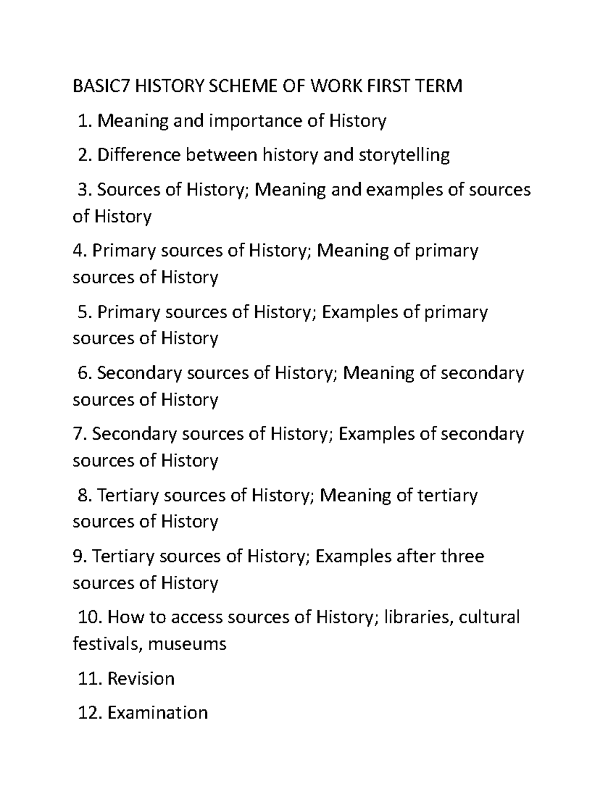 BASIC 7 HISTORY SCHEME OF WORK: FIRST TERM OVERVIEW - Studocu