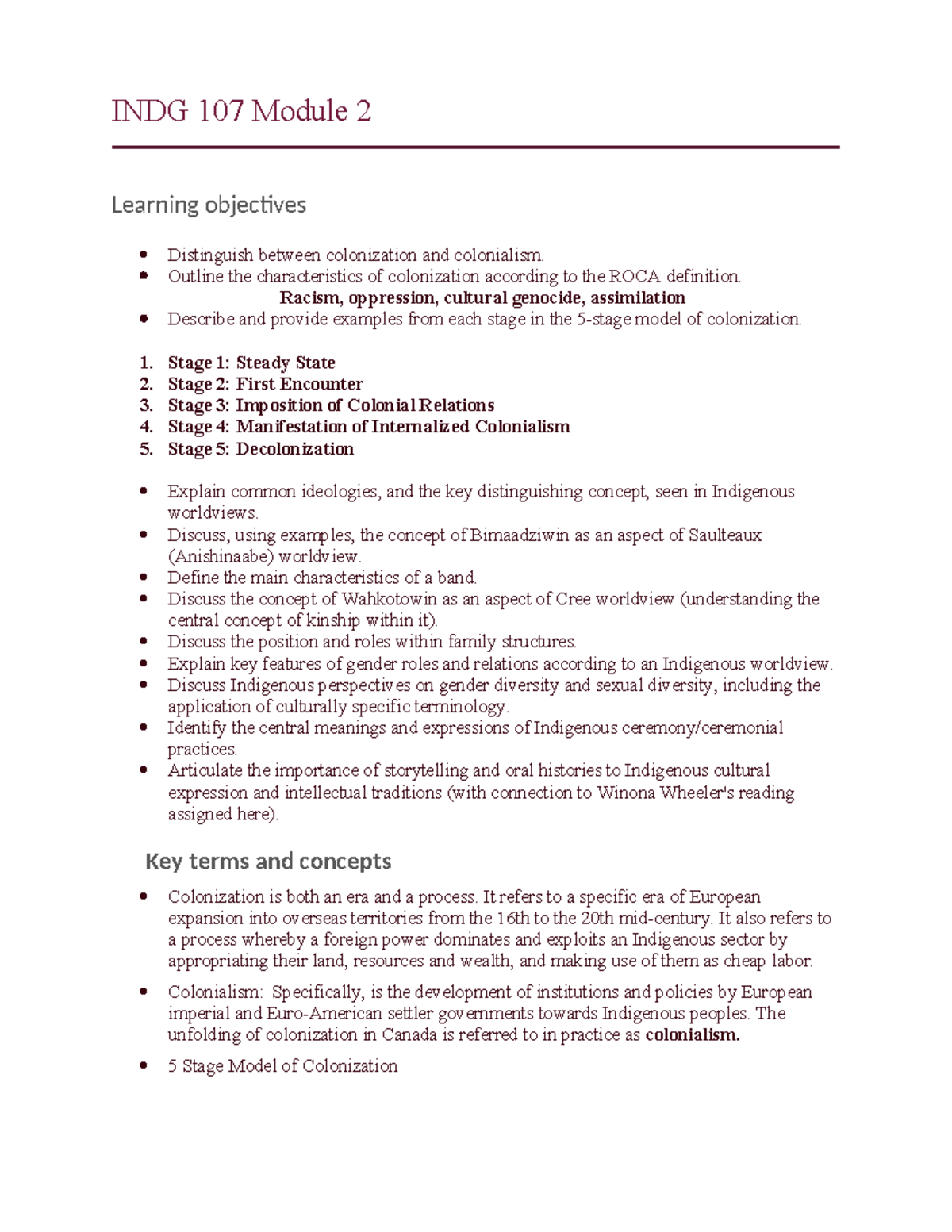 INDG 107 Module 2 - Key Concepts in Colonization and Indigenous ...