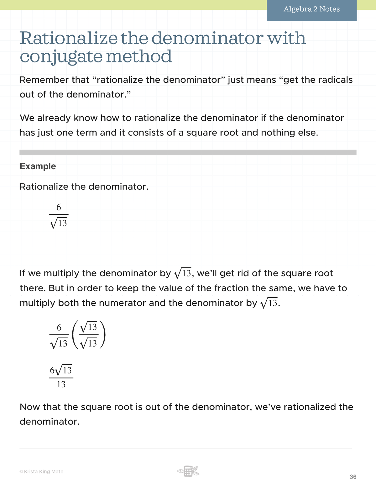 MATH 101: Rationalizing Denominators Using the Conjugate Method - Studocu