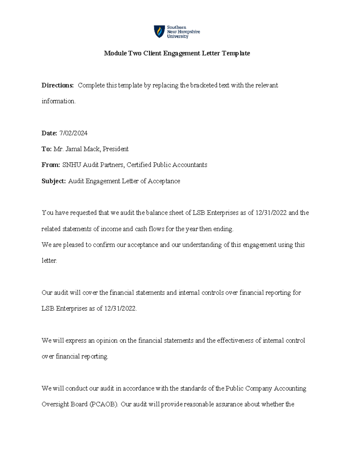 ACC 411 Module Two Audit Engagement Letter Template Guide - Studocu