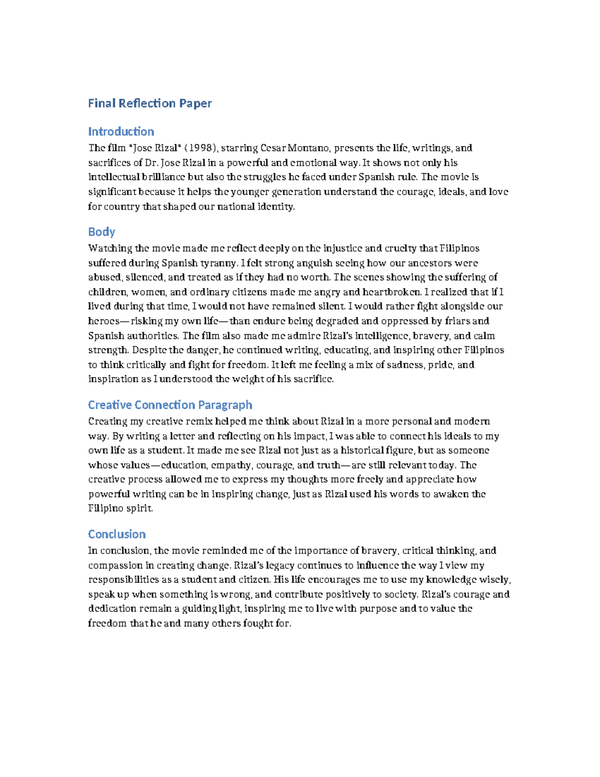 Final Reflection Paper on Rizal's Legacy and Impact - Studocu