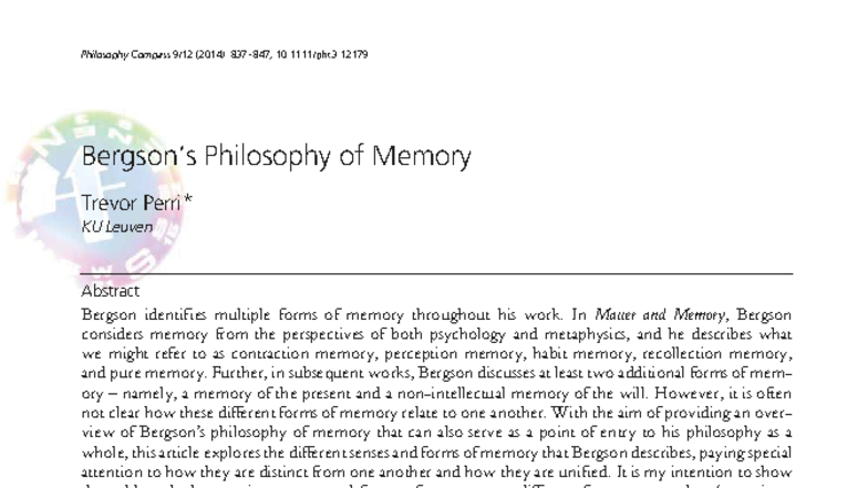 Bergson's Philosophy of Memory: Insights and Analysis (PHIL 2014) - Studocu
