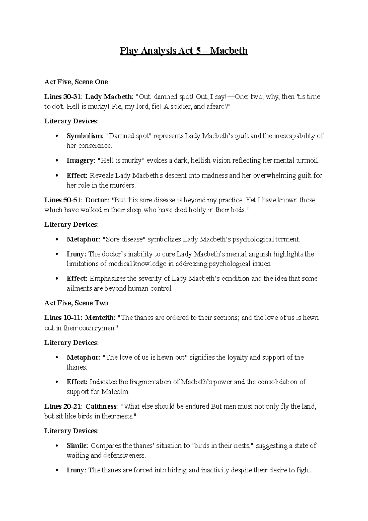 Play Analysis: Act 5 Insights on Macbeth's Downfall and Themes - Studocu