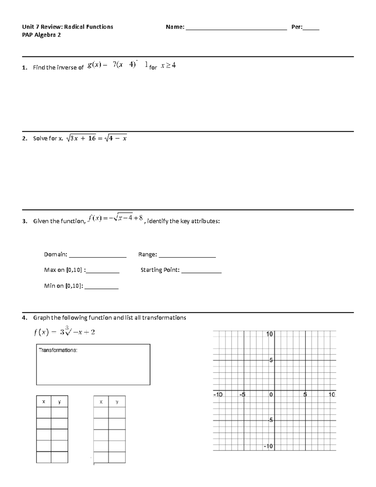 ADV Unit 7 Review: Radical Functions and Inverses in PAP Algebra - Studocu