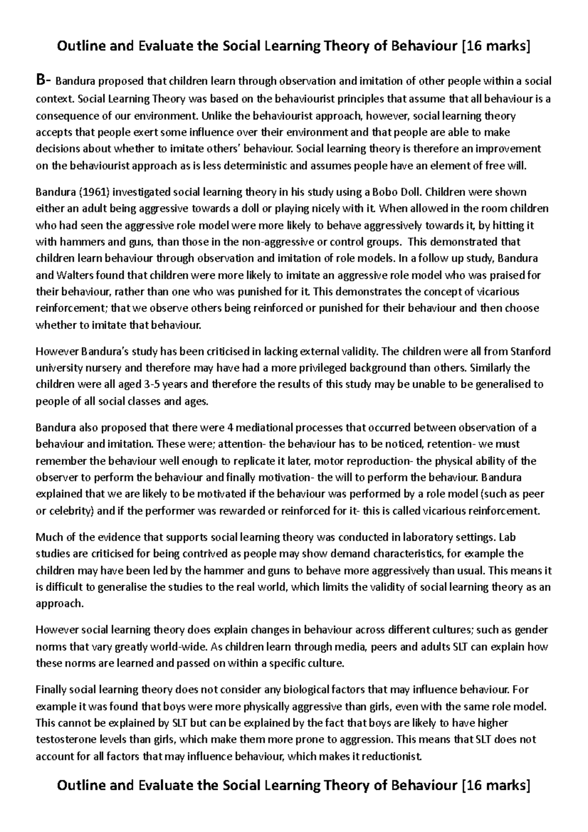 3. SLT Essay Notes: Evaluating Bandura's Social Learning Theory - Studocu