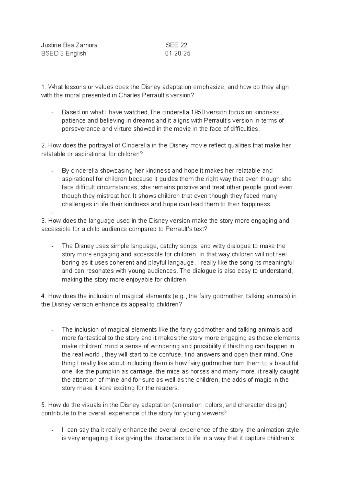 Essay on Cinderella: Disney vs. Charles' Moral Lessons (BSED SEE 22 ...