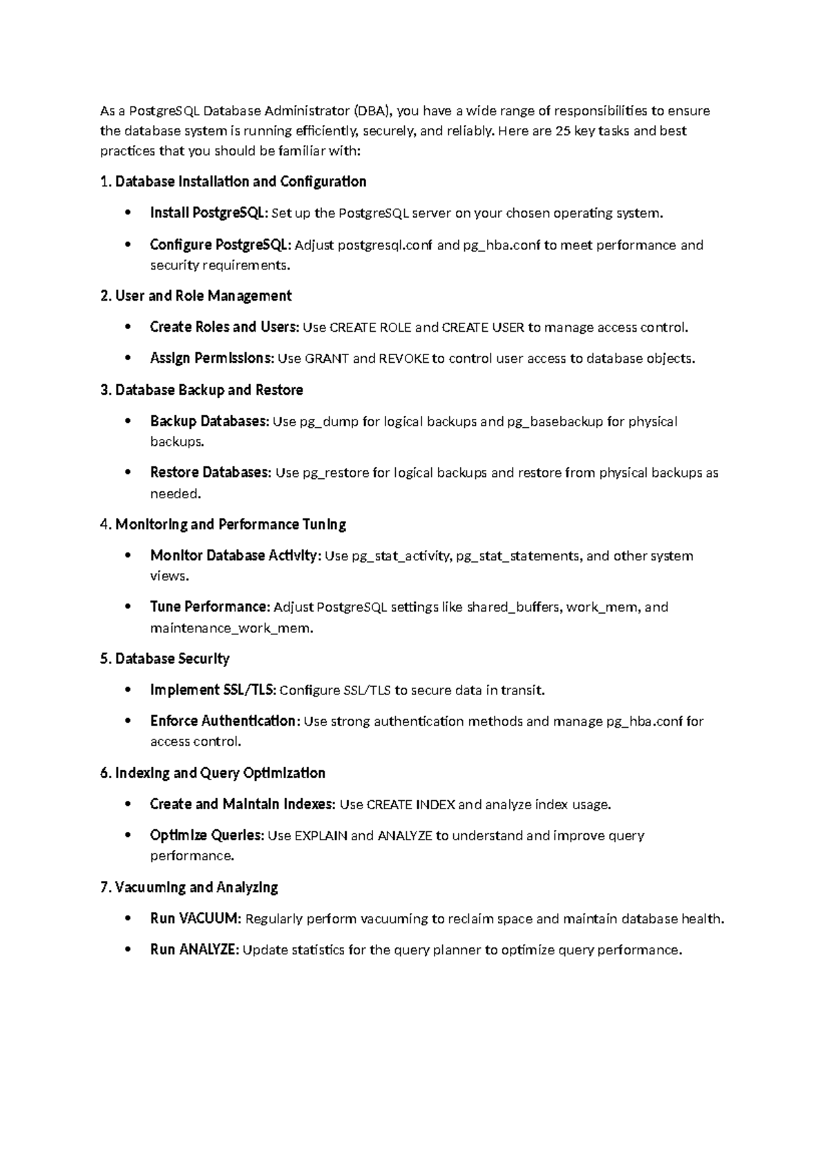 PostgreSQL DBA Best Practices and Key Responsibilities Guide - Studocu