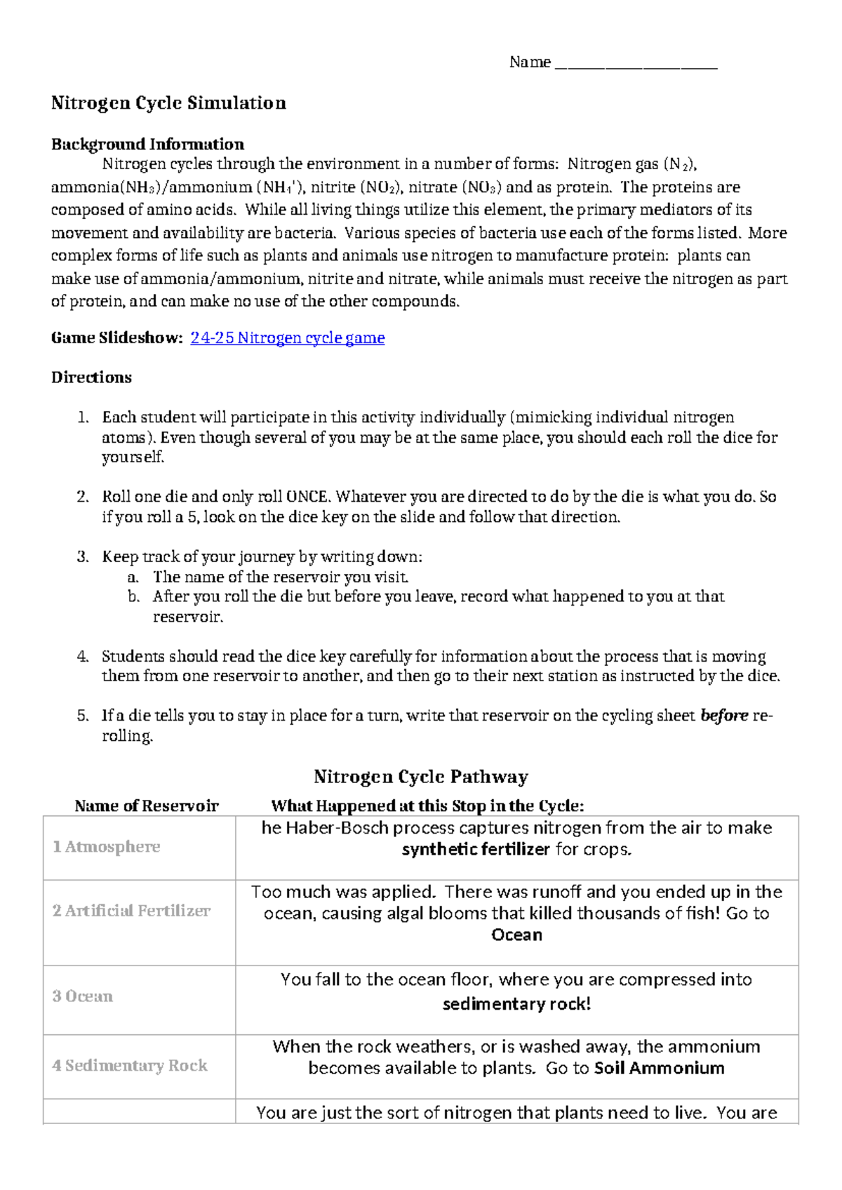 Nitrogen Cycle Simulation Activities for Environmental Science (BIO 101 ...