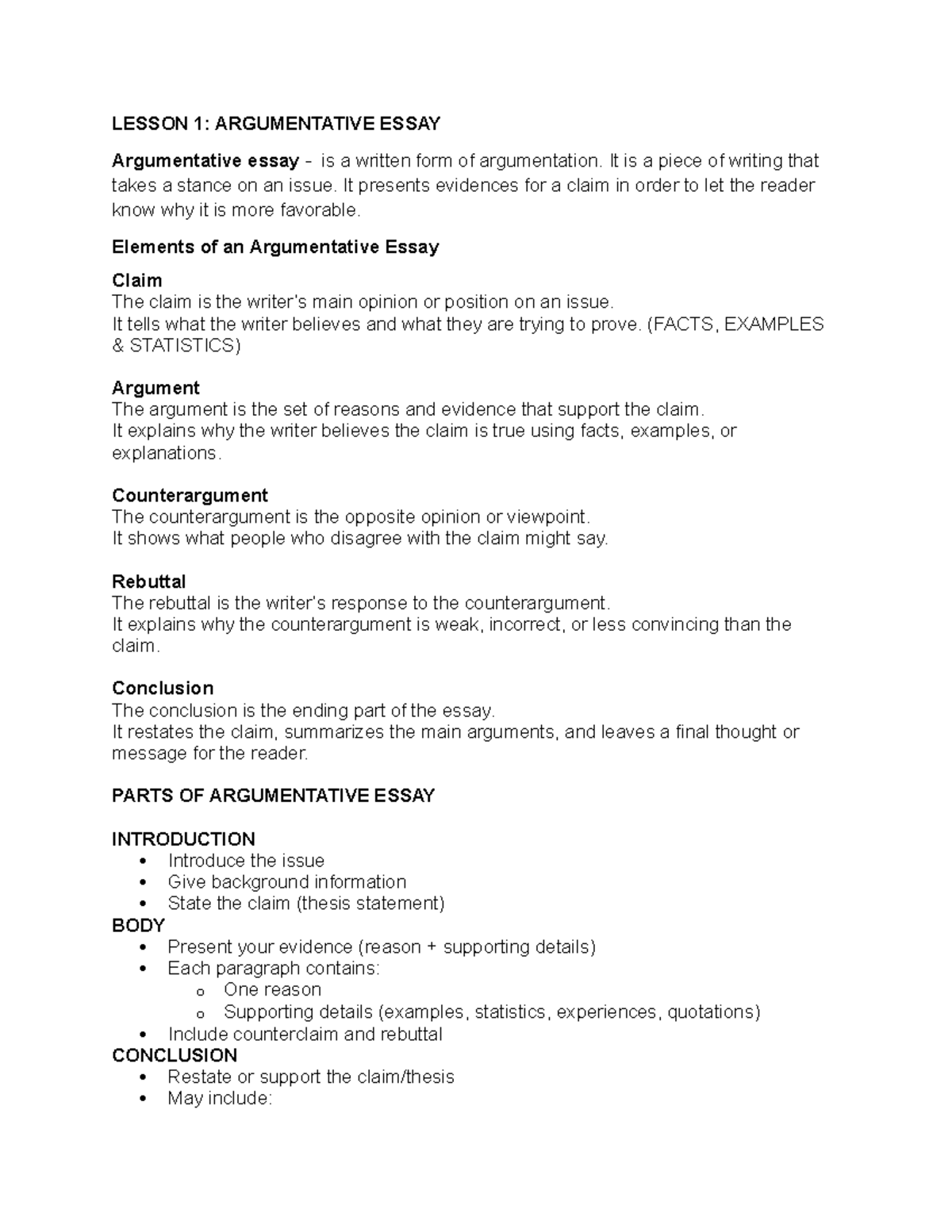 3rd Quarter Lesson: Understanding Argumentative Essay Techniques - Studocu