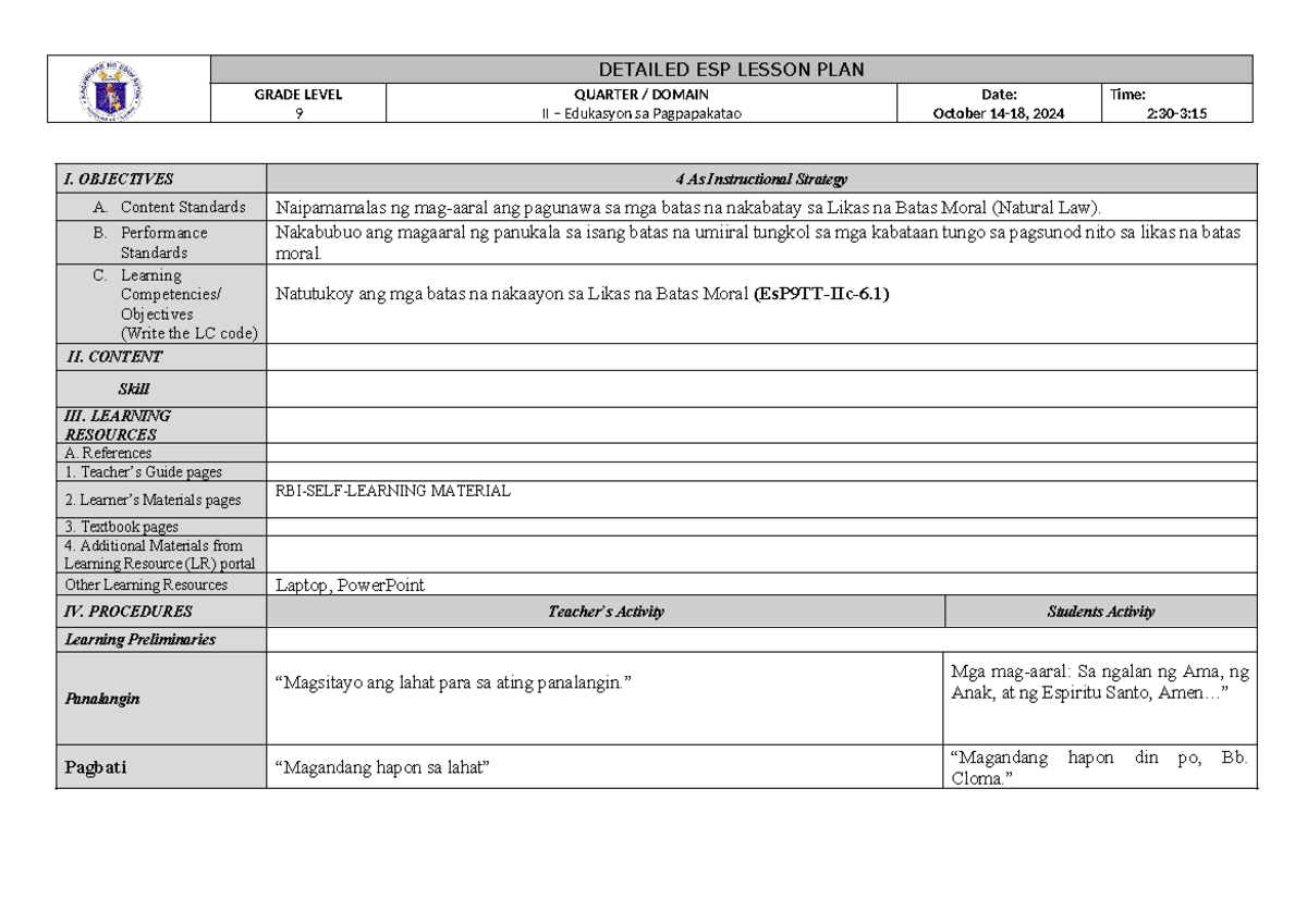 DETAILED ESP LESSON PLAN GRADE 9 QUARTER II Edukasyon sa Pagpapakatao ...