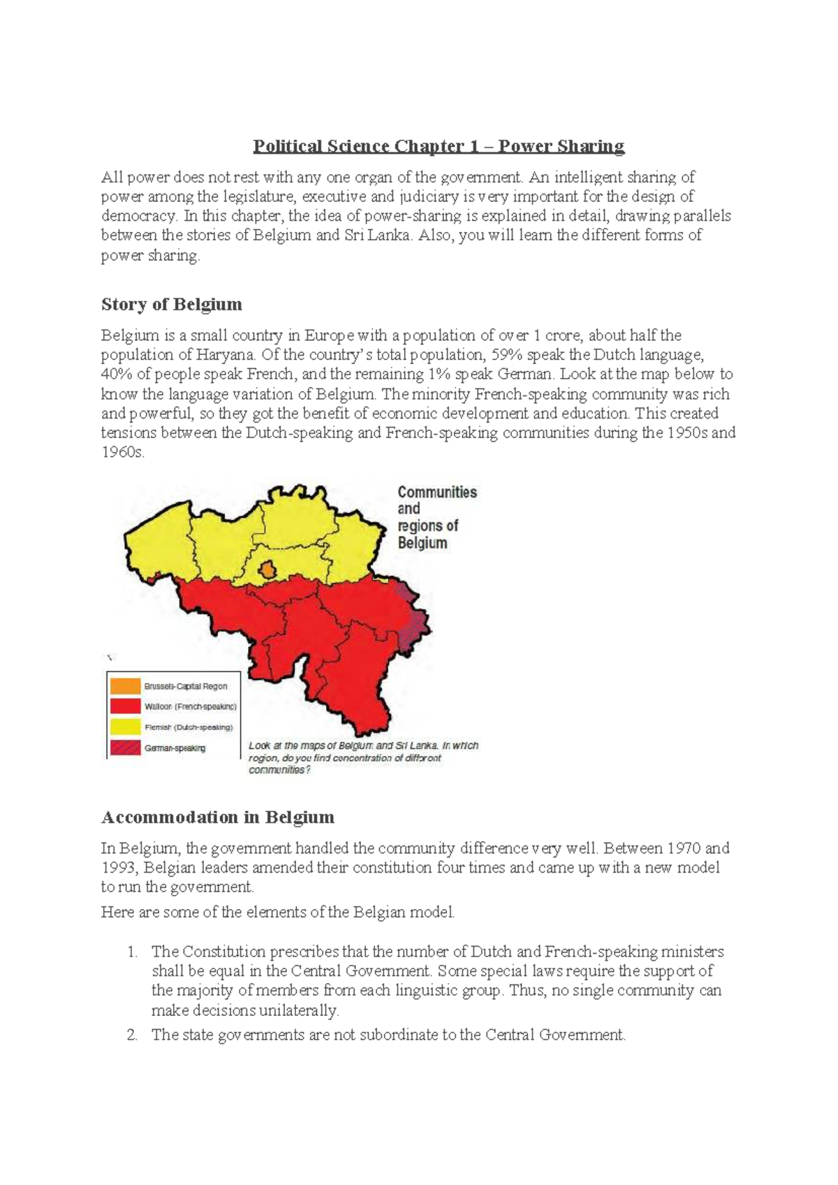 Political Science PS101 Chapter 1: Power Sharing in Belgium & Sri Lanka ...